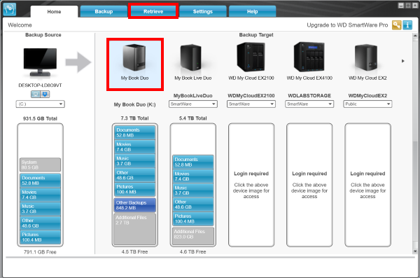 使用WD SmartWare 2.0或更高版本恢复先前备份的内容 | SanDisk