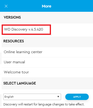 Location of the WD Discovery Software Version