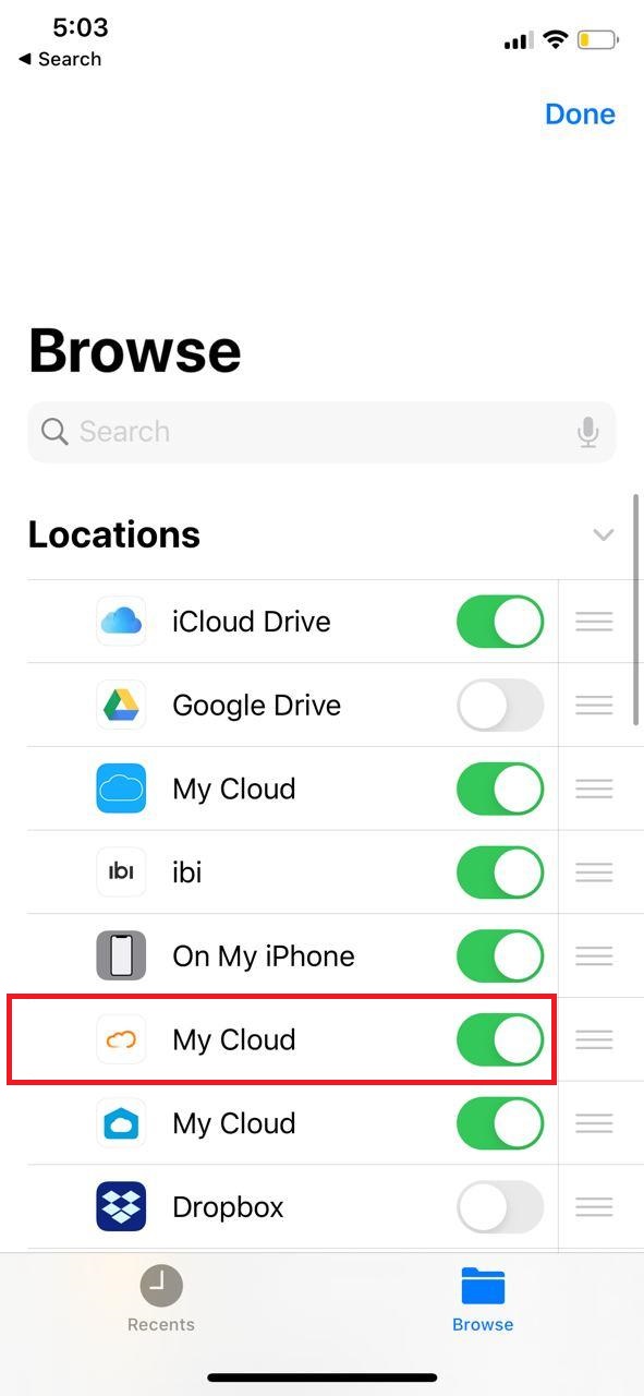My Cloud OS 5: Use a device in iOS 11 and higher Files App