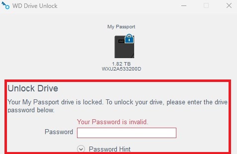 Invalid Password or Forgotten Password Message on WD Security