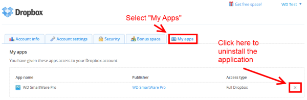 Как отсоединить учетную запись Dropbox от устройства WD SmartWare Pro