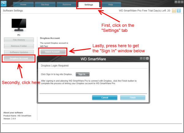 Как отсоединить учетную запись Dropbox от устройства WD SmartWare Pro